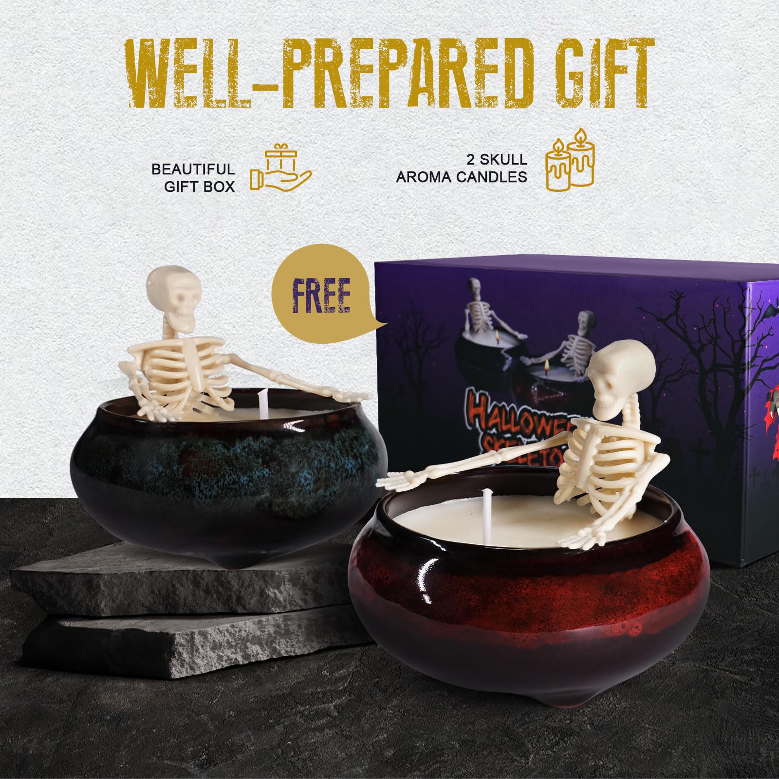 2 Pack Skeleton Candle, Halloween Decorations Indoor - Long Burning Soybean Candles Perfect Halloween Decoration for Spooky Atmosphere, Decorative Skull Present | Ideal Gift for Halloween Lovers