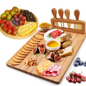 Cheese Board and Knife Set,Bamboo Charcuterie Board Set with Round Tray,Cheese Platter Serving Tray,Cheese Plate Set,Perfect, Birthday，Housewarming