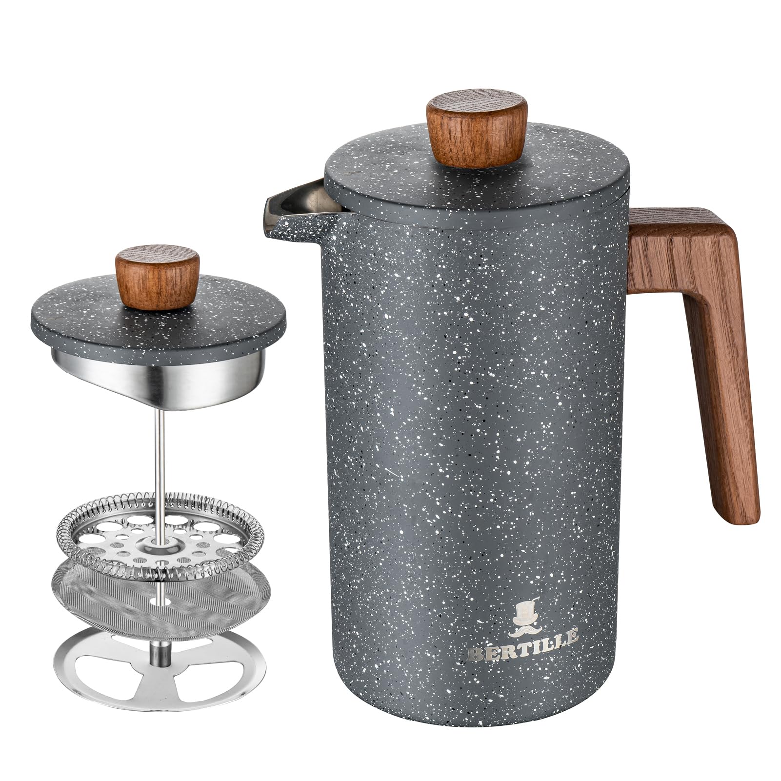 BERTILLE french press coffee maker, 34OZ 304 food stainless steel French press coffee maker with solid wood handle, double-layer insulation and 3-layer filtration system (starry sky gray)