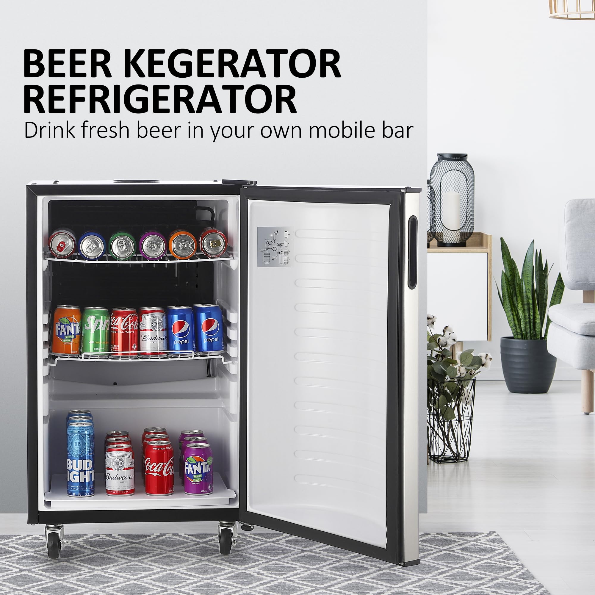 TROPOW Beer Kegerator, Single Tap Draft Beer Dispenser, Full Size Keg Refrigerator With Shelves, Stainless Steel, Drip Tray & Rail,silver, 128L