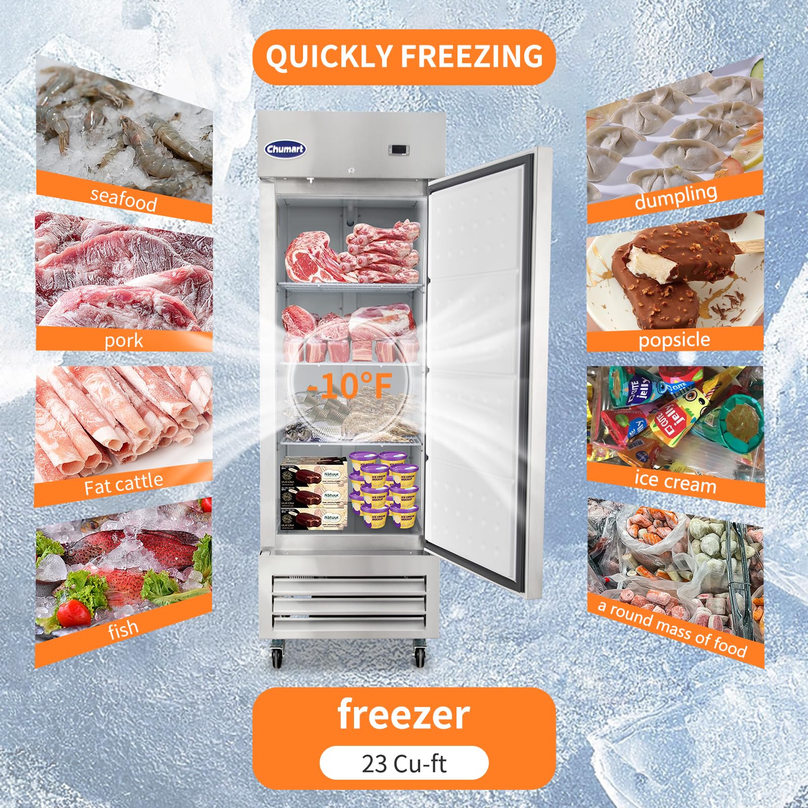 CHUMART 27" Commercial Freezer with Single Solid Door, 23 Cu.ft Fan Cooling Stainless Steel Upright Freezer, LED Lighting, 3 Shelves for Restaurant, Commercial Kitchen, Home,Bar, Shop, etc