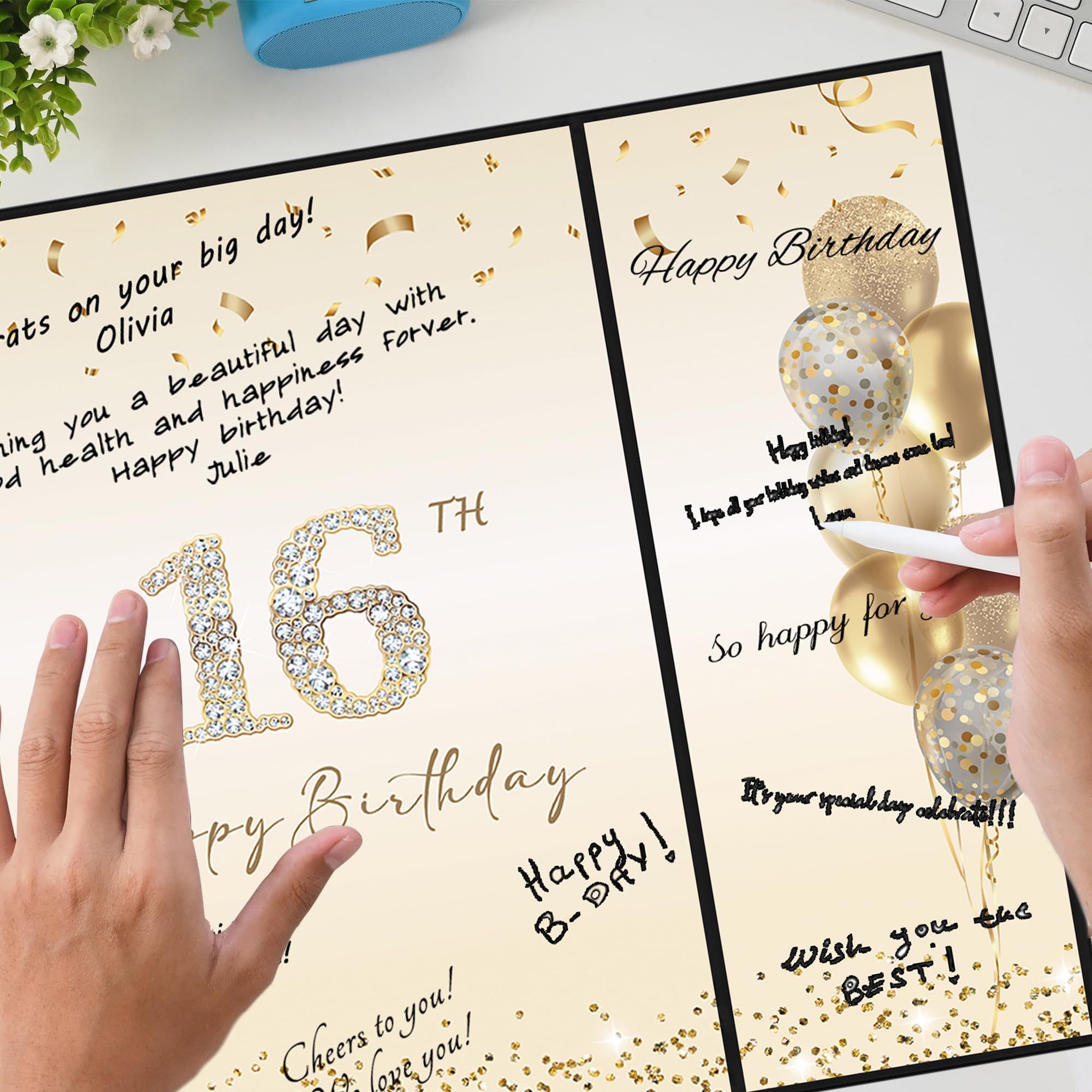 DARUNAXY Black Gold 16th Birthday Party Decorations, Happy 16th Birthday Alternative Signature Guest Book for Boys & Girls Sweet 16 Years Old Gifts 16 Birthday Signing Card Board Party Supplies