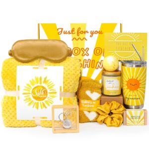 birthday gift baskets for women, 11 pieces unique get well soon gifts, self care package, inspirational gift set, spa gifts box, sending sunshine theme presents for her mother wife sister best friend