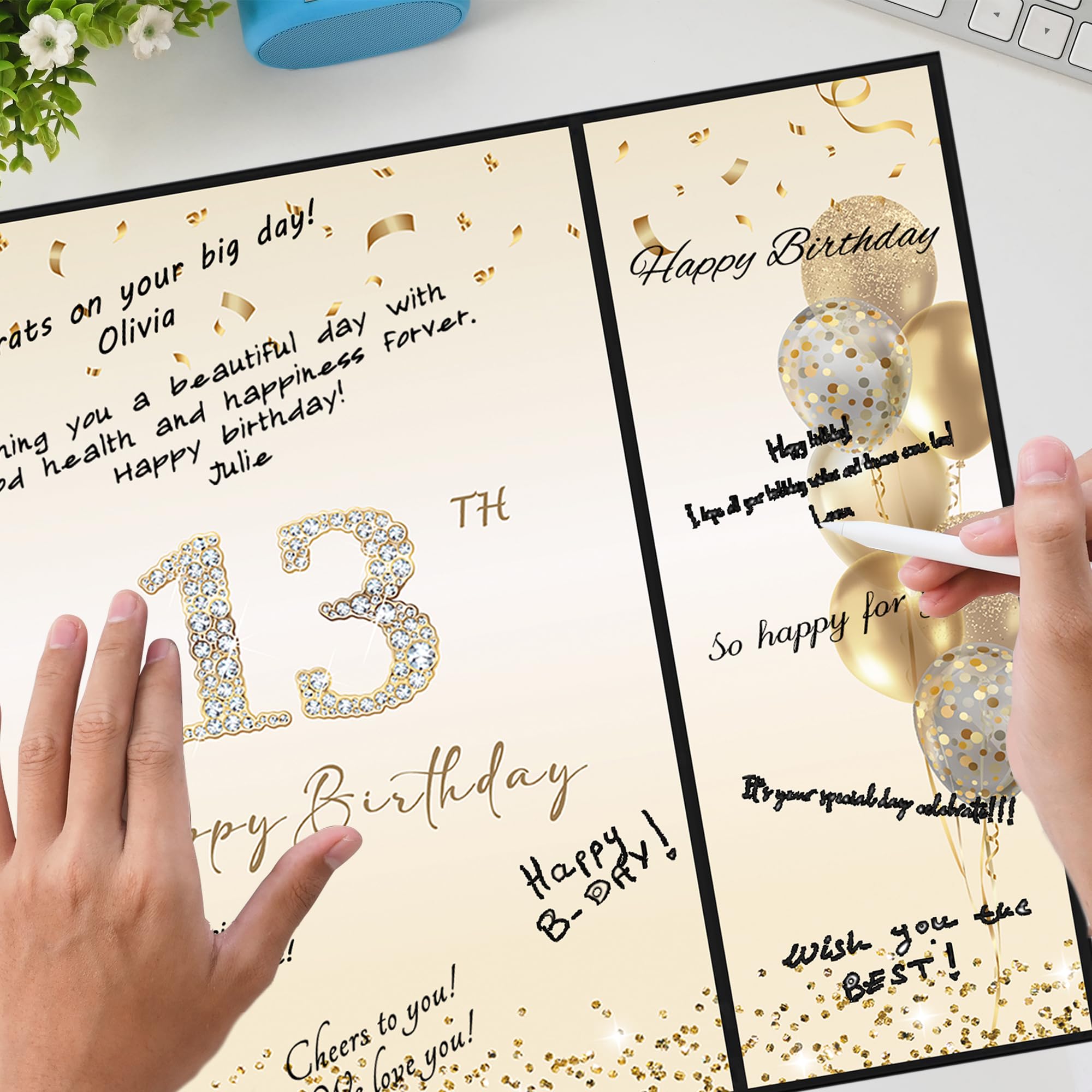 DARUNAXY Black Gold 13th Birthday Party Decorations, Happy 13th Birthday Alternative Signature Guest Book for Boys & Girls Sweet 13 Years Old Gifts 13 Birthday Signing Card Board Party Supplies