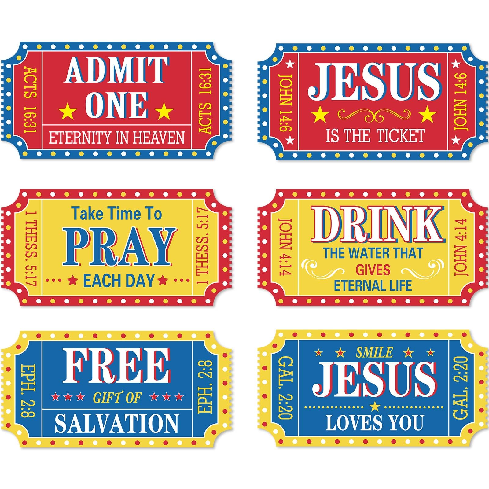 MotiMind 6 Pcs Religious Giant Carnival Ticket Cutouts Halloween Trunk or Treat Decor Carnival Party Decorations Circus Theme VBS Vacation Bible School Supplies Decor