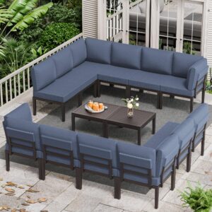 knnbxa 14 pieces patio furniture set 12-seat metal modular outdoor patio conversation sectional w/thick cushion and coffee table for deck,backyard,lawn,navy blue