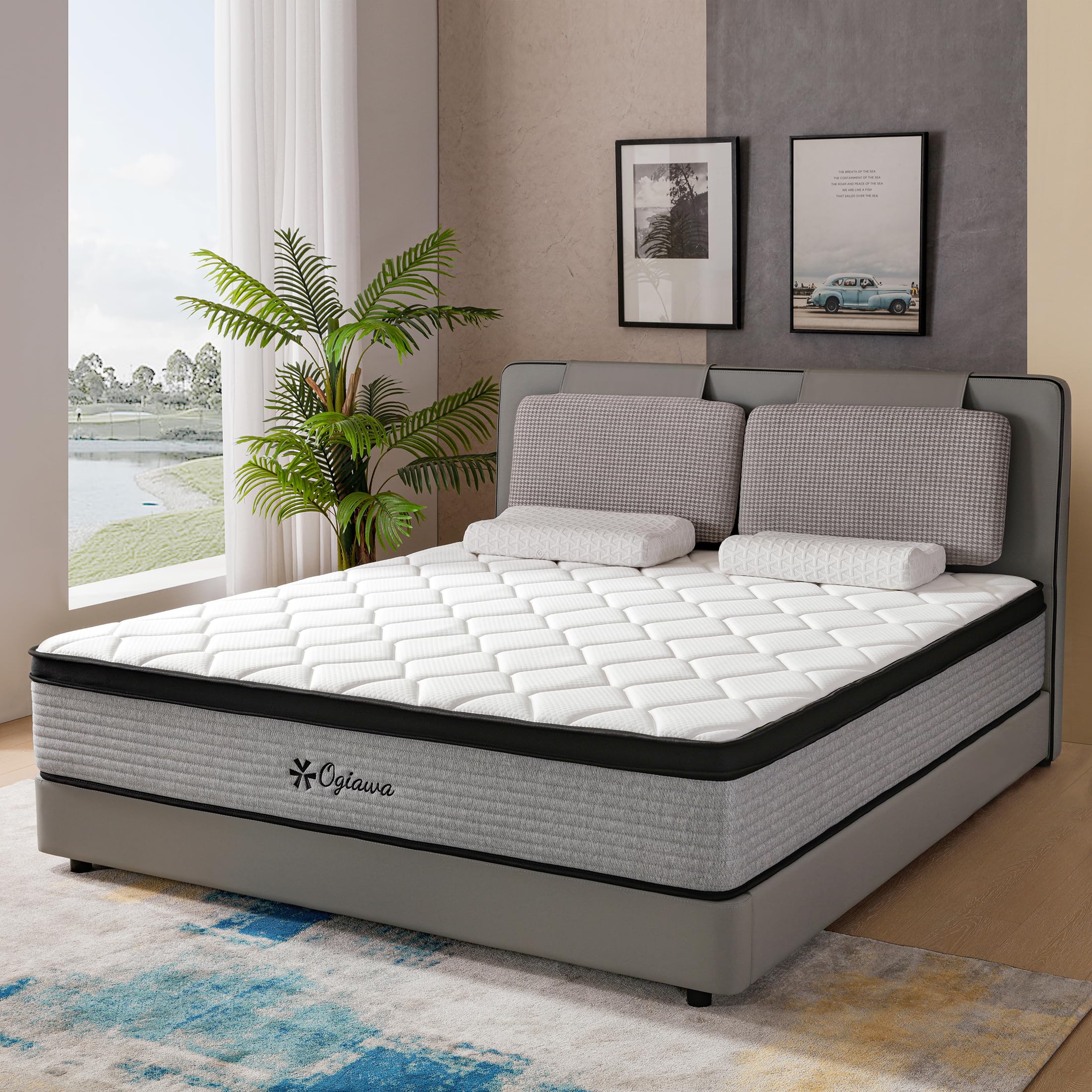 OGlAWA 12 Inch Full Mattress Memory Foam and Spring Hybrid Mattresses,Medium Firm Feel Grey Mattress in a Box,Quality Comfort and Adaptive Support Breathable Cooling Full Mattresses. (12, Full)