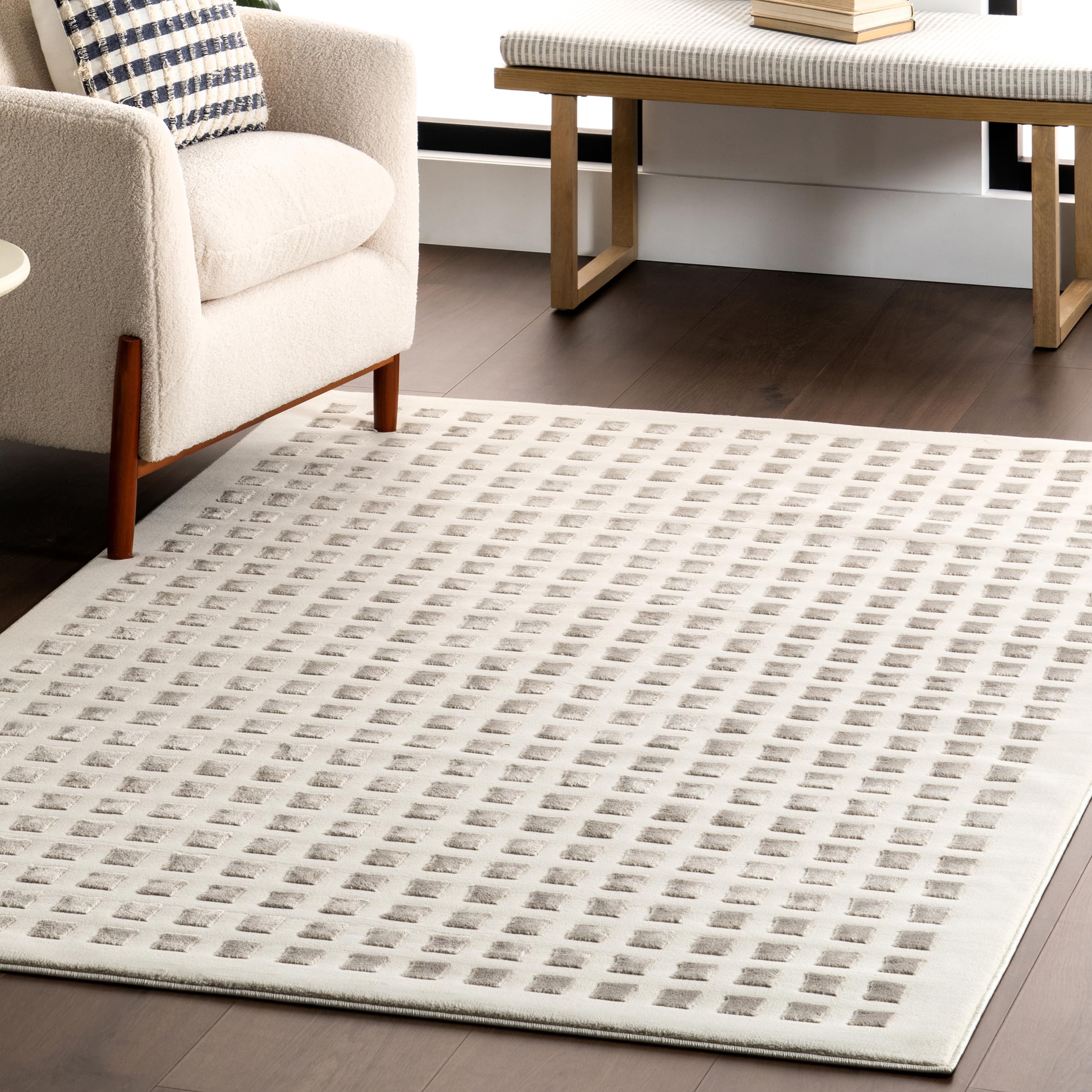 nuLOOM 7' x 9' SuperiorWash Indoor Area Rug, 100% Recycled PET, Machine Washable, Oeko-TEX Certified, Medium Pile, Pet-Friendly, Daleyza Checkered Cream