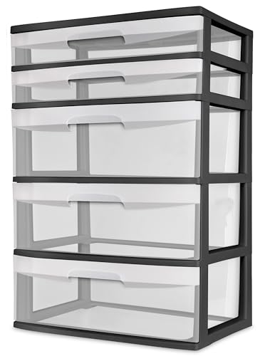 CLMSTE Plastic 5 Drawer Wide Tower, Black