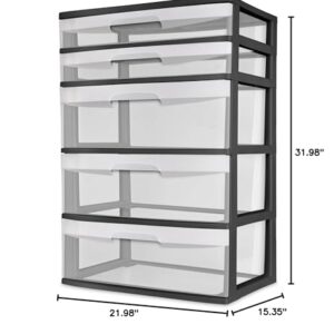 CLMSTE Plastic 5 Drawer Wide Tower, Black