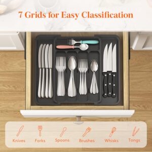 Lifewit Silverware Drawer Organizer, Expandable BPA Free Utensil Tray for Kitchen, Adjustable Flatware and Cutlery Holder for Spoons Forks Knives, Plastic Kitchen Organizers and Storage, Black