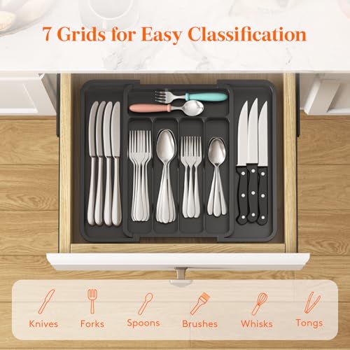 Lifewit Silverware Drawer Organizer, Expandable BPA Free Utensil Tray for Kitchen, Adjustable Flatware and Cutlery Holder for Spoons Forks Knives, Plastic Kitchen Organizers and Storage, Black