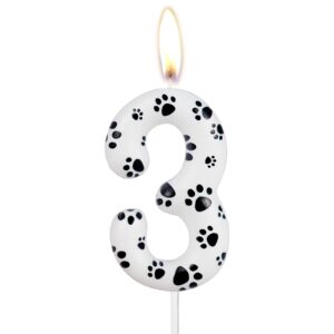 ininger white number 3 candle,dog paw print birthday candles,dog paw cake toppers candles for numeral birthday candles for boy girl dog paw birthday decoration cat dog party supplies