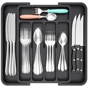 lifewit silverware drawer organizer, expandable bpa free utensil tray for kitchen, adjustable flatware and cutlery holder for spoons forks knives, plastic kitchen organizers and storage, black