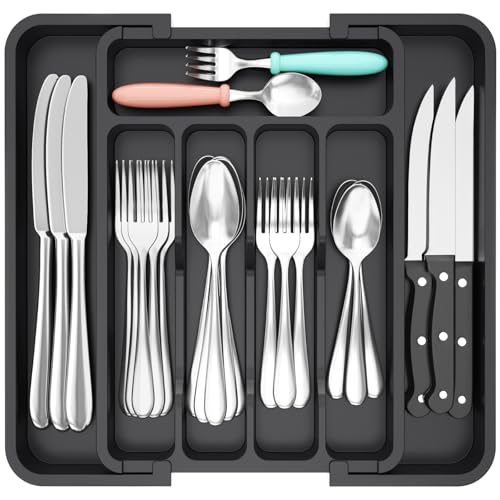 Lifewit Silverware Drawer Organizer, Expandable BPA Free Utensil Tray for Kitchen, Adjustable Flatware and Cutlery Holder for Spoons Forks Knives, Plastic Kitchen Organizers and Storage, Black