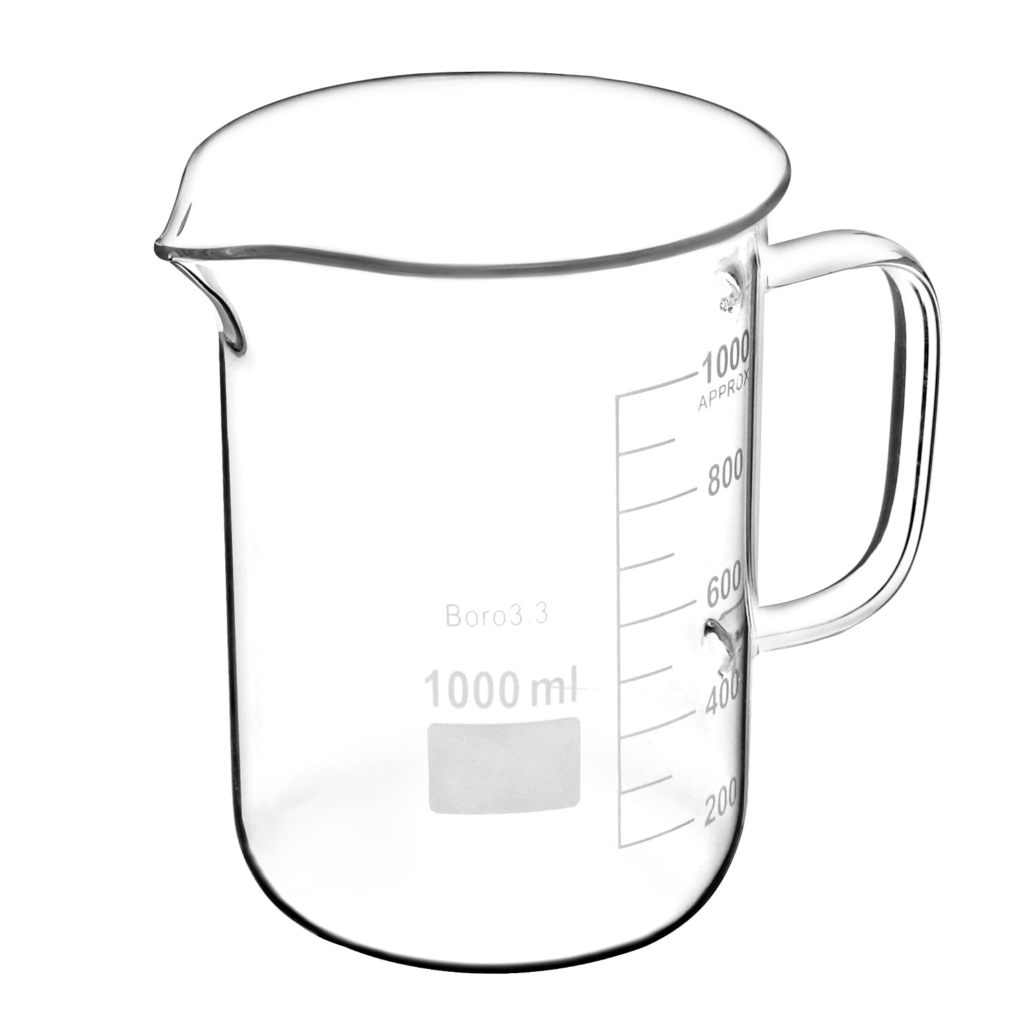 QWORK Beaker with Handle, 1000ml/33.81oz, Measuring Cup, Borosilicate Glass, Beaker Mug with Pouring Spout, 4 Pack