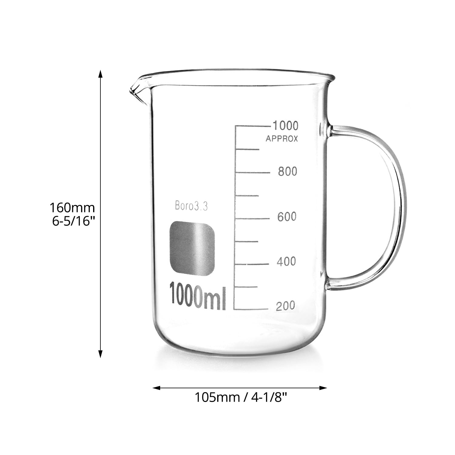 QWORK Beaker with Handle, 1000ml/33.81oz, Measuring Cup, Borosilicate Glass, Beaker Mug with Pouring Spout, 4 Pack