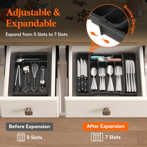 Lifewit Silverware Drawer Organizer, Expandable BPA Free Utensil Tray for Kitchen, Adjustable Flatware and Cutlery Holder for Spoons Forks Knives, Plastic Kitchen Organizers and Storage, Black