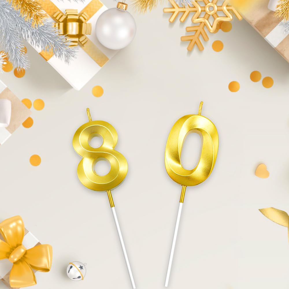 80th Birthday Candles Happy 80th Birthday Cake Topper 80th Birthday Decorations for Women Gold Number Candles Birthday Candles Numbers Velas De Cumpleaños 80th Birthday Decorations Men Gold Candles