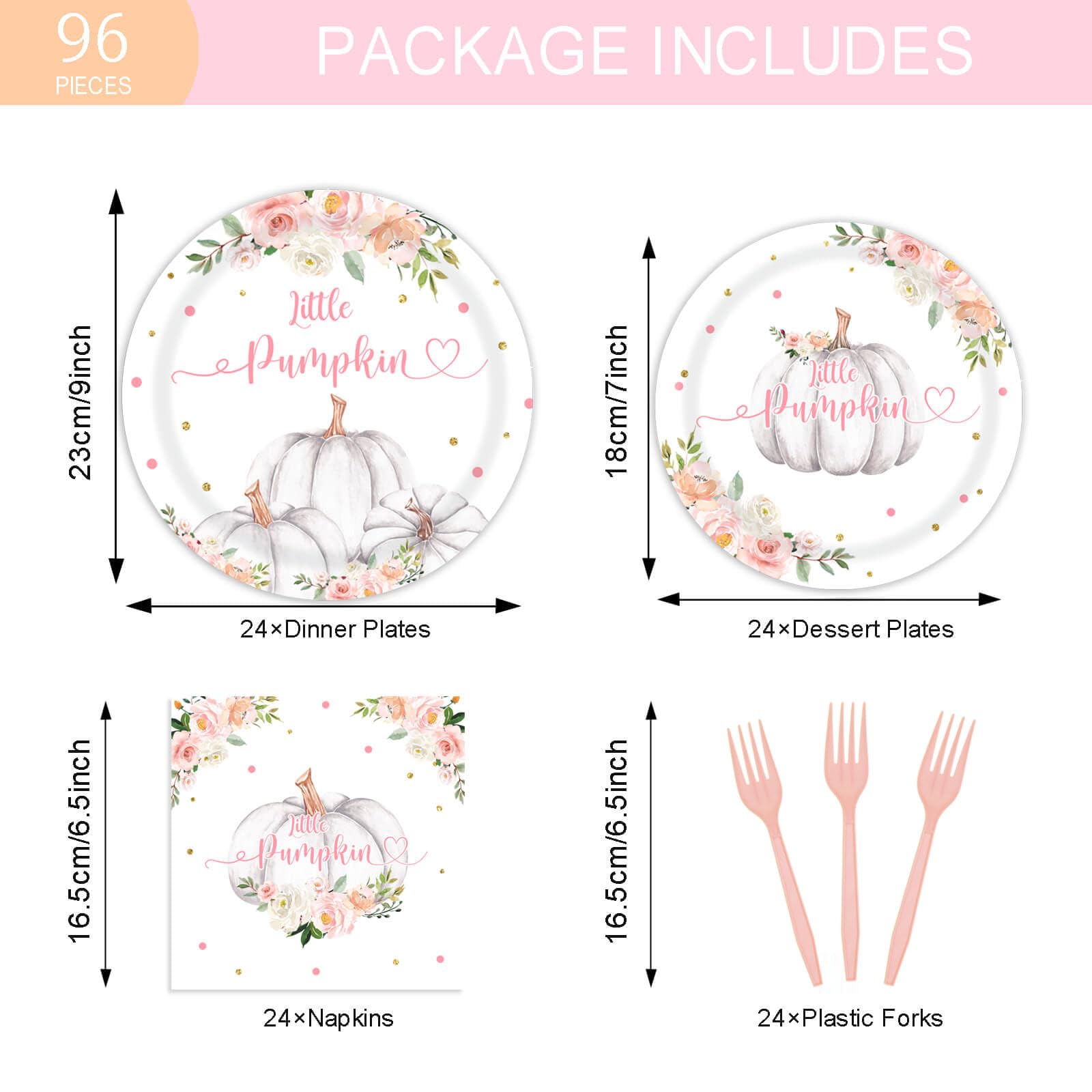 96PCS Pumpkin Baby Shower Party Tableware Set Floral Pink and Gold Girl Little Pumpkin baby Shower Party Supplies Disposable Dinnerware Plates Napkins Forks Serves 24 Guests