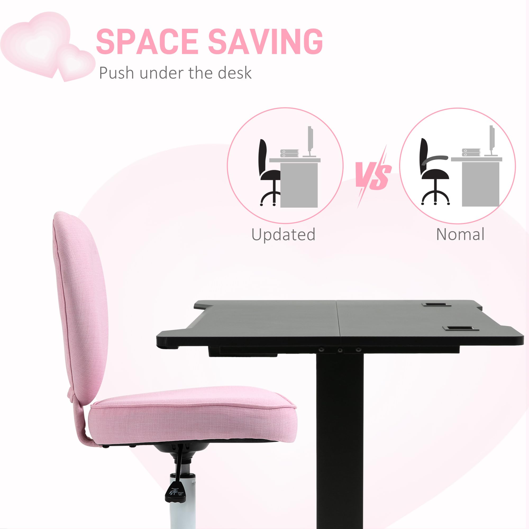 HOMCOM Heart Love Back Armless Office Chair, Comfortable Desk Chair with Adjustable Height, Cute Fabric Vanity Chair with 360 ° Swivel Wheels, Pink