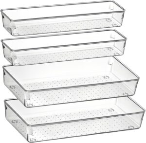 dca clear plastic drawer organizers, large size versatile bathroom and vanity drawer organizer trays (4)