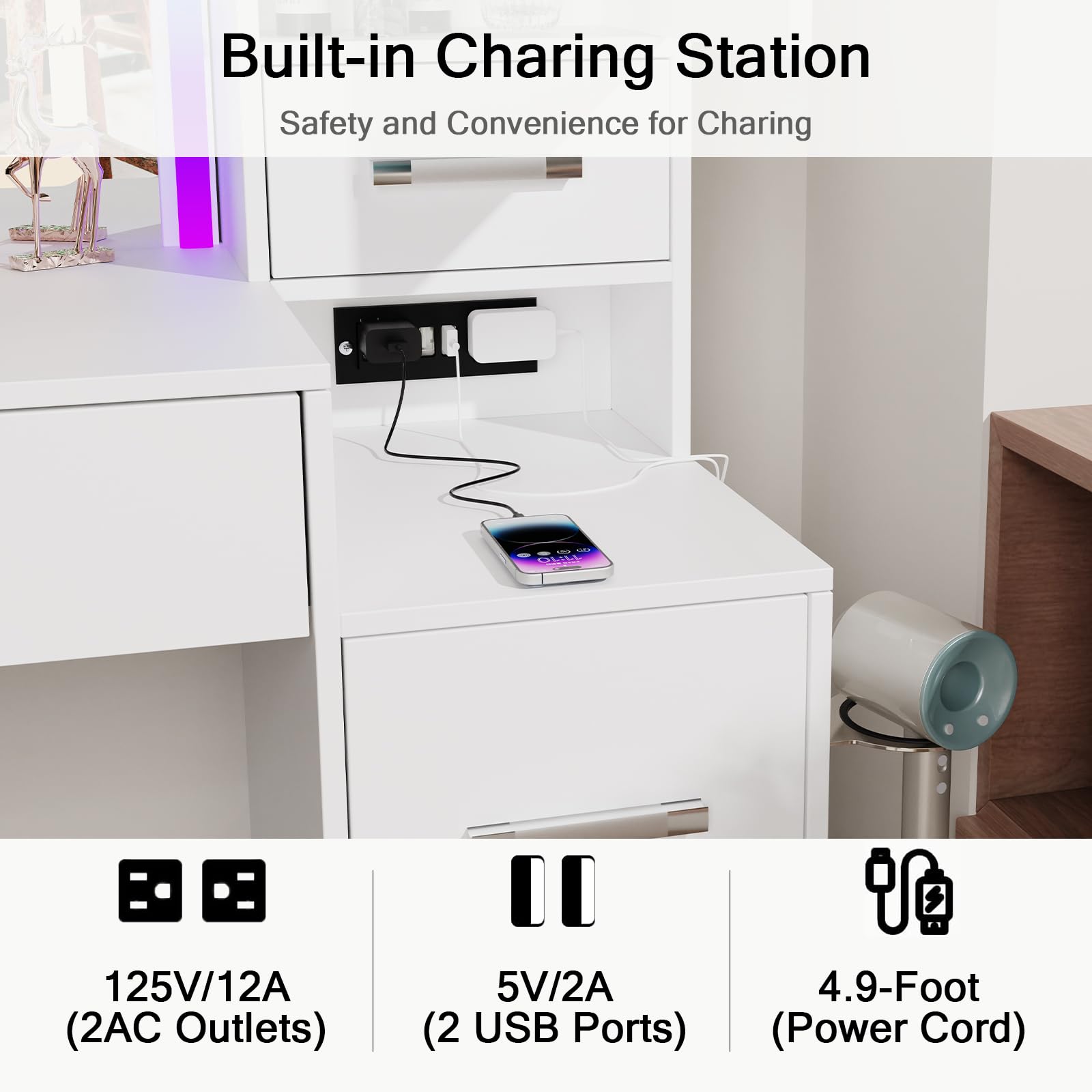 Hiwelldas Vanity Desk with Mirror and Lights, 43.3'' Large Makeup Vanity with RGB Ambient Light & Power Outlet, Dressing Table with 7 Drawers, 3 Cabinets, 6 Hooks,1 Dryer Rack,White