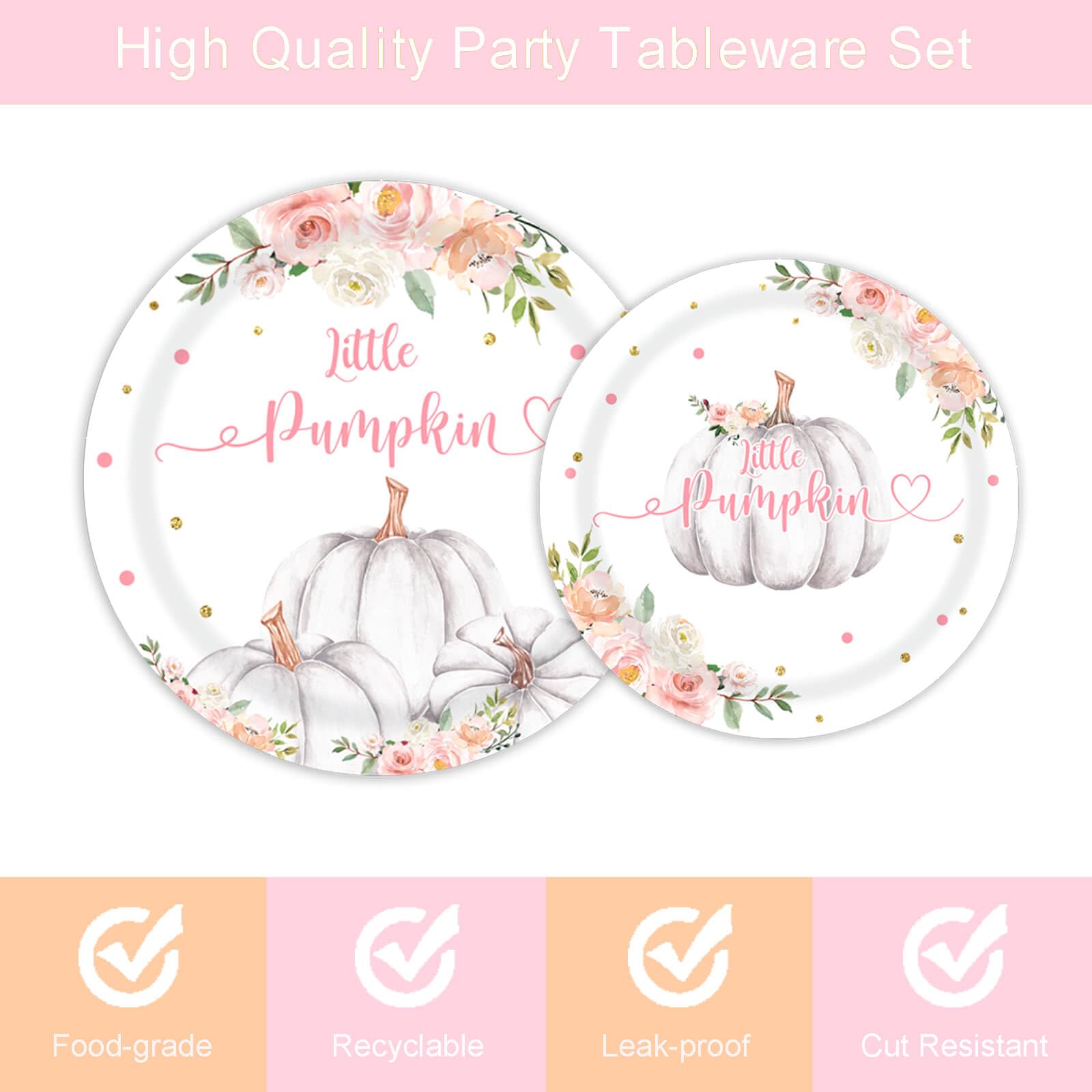 96PCS Pumpkin Baby Shower Party Tableware Set Floral Pink and Gold Girl Little Pumpkin baby Shower Party Supplies Disposable Dinnerware Plates Napkins Forks Serves 24 Guests