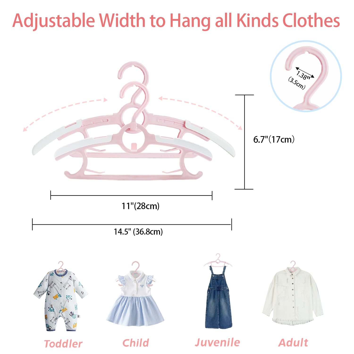 ManGotree Baby Hangers for Nursery Closet, 11''-14.5'' Adjustable Non-Slip Kids Hangers, Space Saving Stackable Plastic Hangers for Baby Toddler Children Kids Teen (20 Pack, Pink)