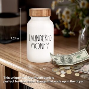 Laundry Room Bank Coin Jar Laundry Room Decor Rustic Country Farmhouse Home Decor Mason Jar with Wooden Top Funny Laundered Money Tip Jar Piggy Bank