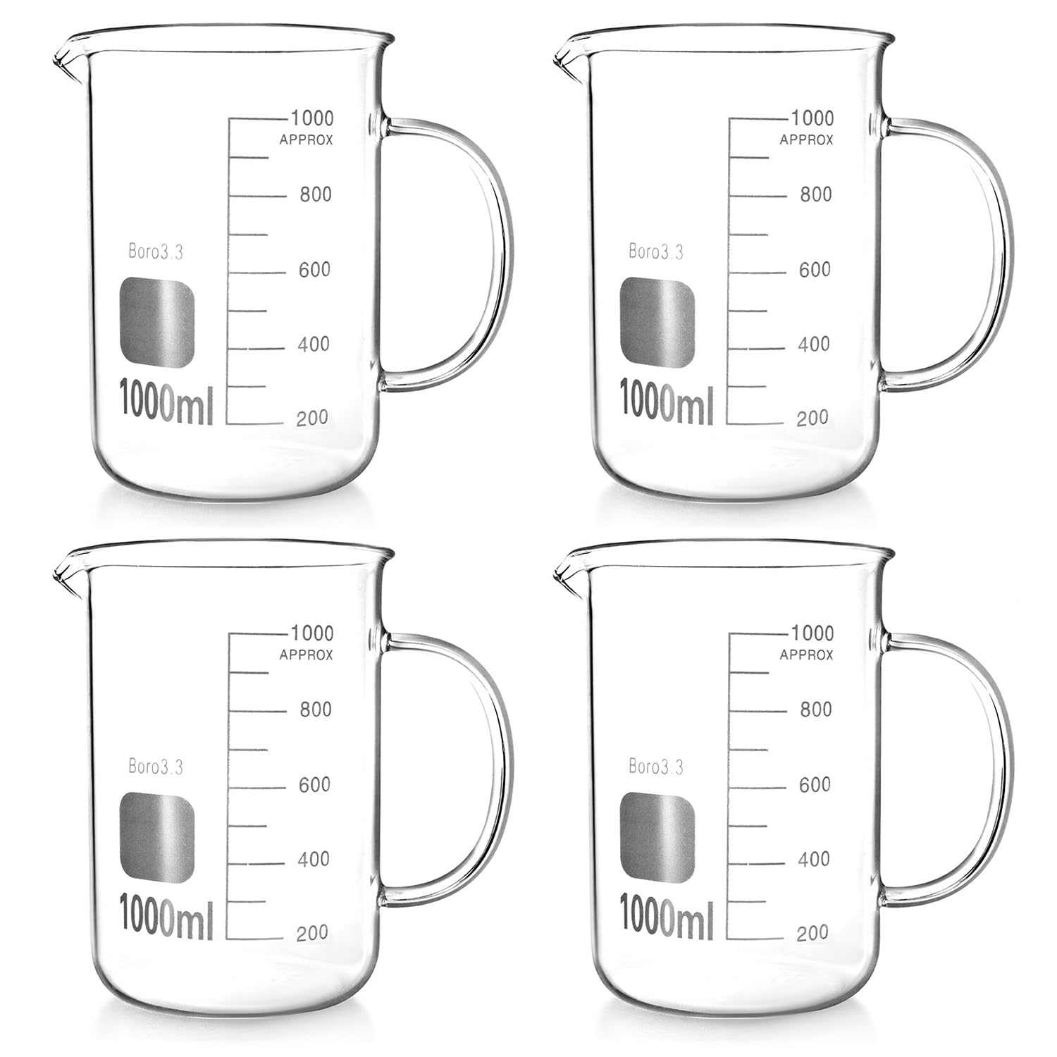 QWORK Beaker with Handle, 1000ml/33.81oz, Measuring Cup, Borosilicate Glass, Beaker Mug with Pouring Spout, 4 Pack