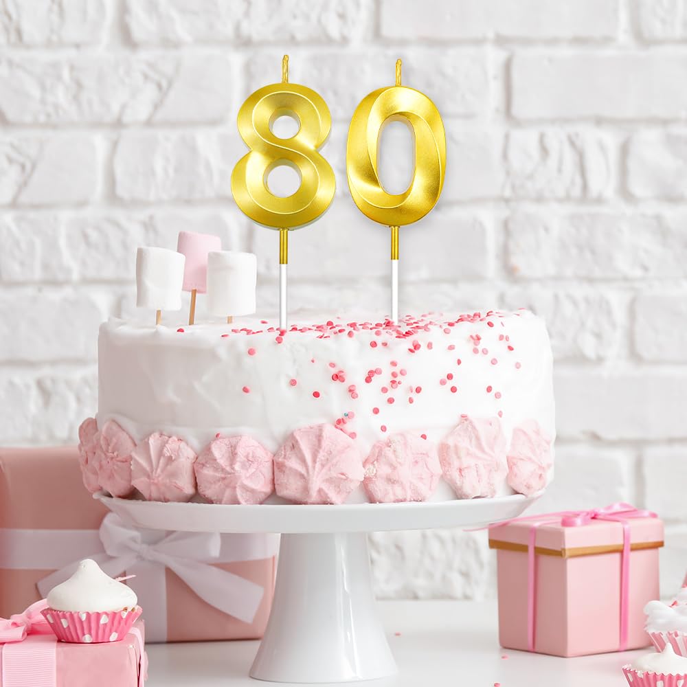 80th Birthday Candles Happy 80th Birthday Cake Topper 80th Birthday Decorations for Women Gold Number Candles Birthday Candles Numbers Velas De Cumpleaños 80th Birthday Decorations Men Gold Candles