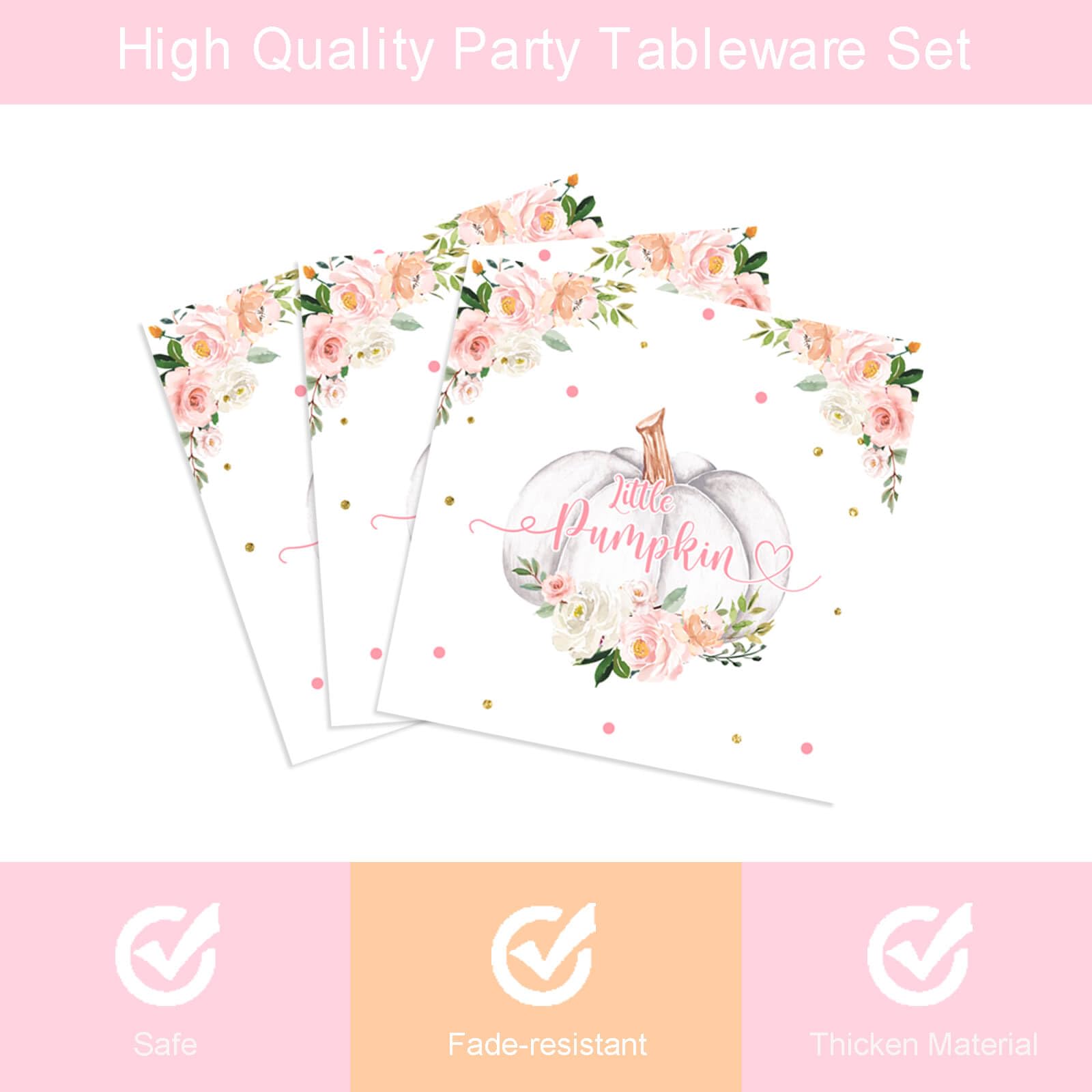 96PCS Pumpkin Baby Shower Party Tableware Set Floral Pink and Gold Girl Little Pumpkin baby Shower Party Supplies Disposable Dinnerware Plates Napkins Forks Serves 24 Guests