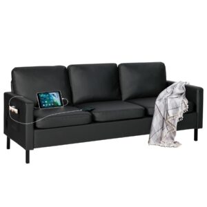 sthouyn 72" w faux leather black sofa 3 seat couch, modern comfy couch with 2 usb, small couches for living room apartment bedroom small spaces, office couch (black (sofa))