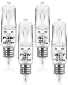 pacetap 100w jde11 120v halogen light bulbs, 1200lm 2800k warm white dimmable bulbs with e11 mini candelabra base for chandeliers, ceiling fan, table lamps, cabinet lighting (4)