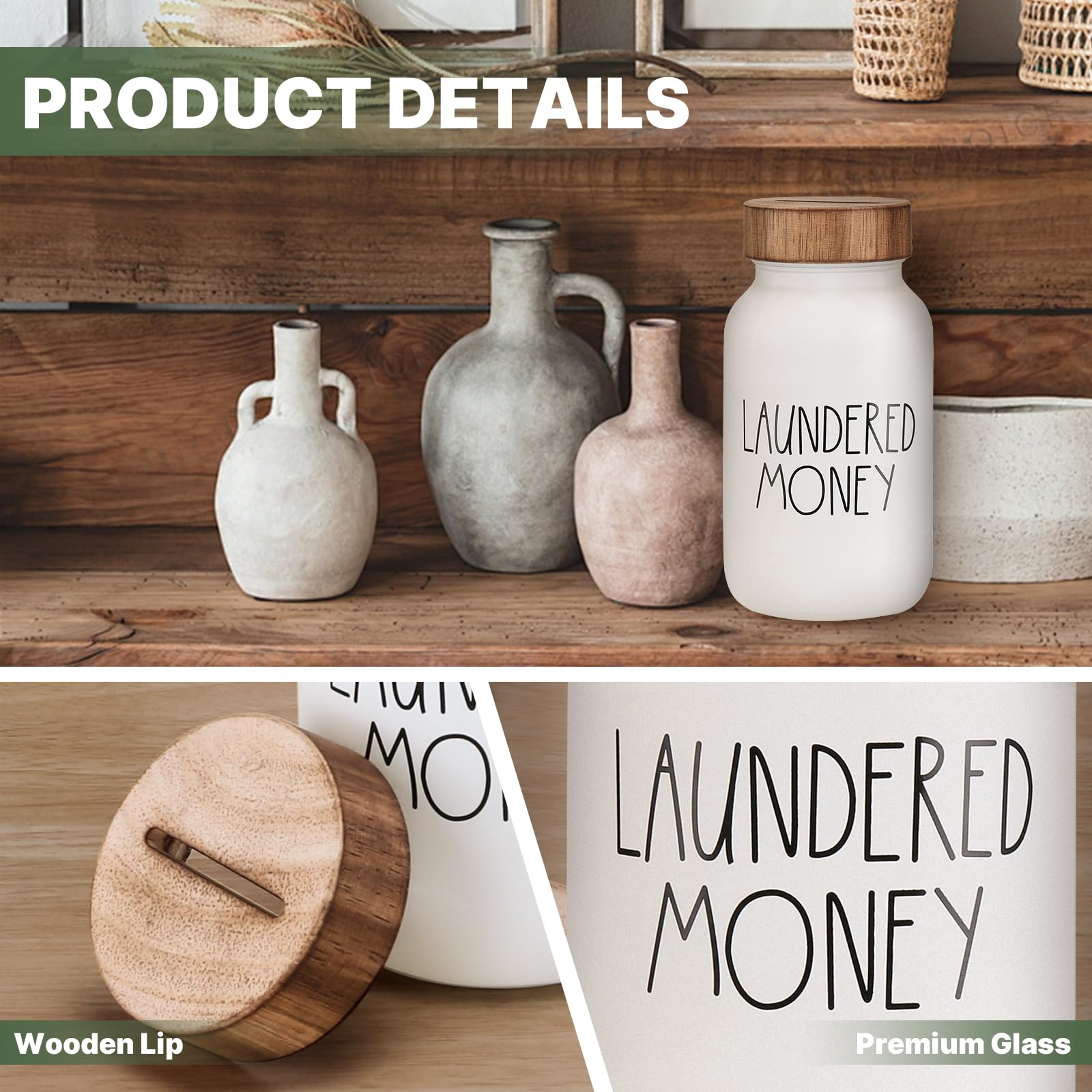 Laundry Room Bank Coin Jar Laundry Room Decor Rustic Country Farmhouse Home Decor Mason Jar with Wooden Top Funny Laundered Money Tip Jar Piggy Bank