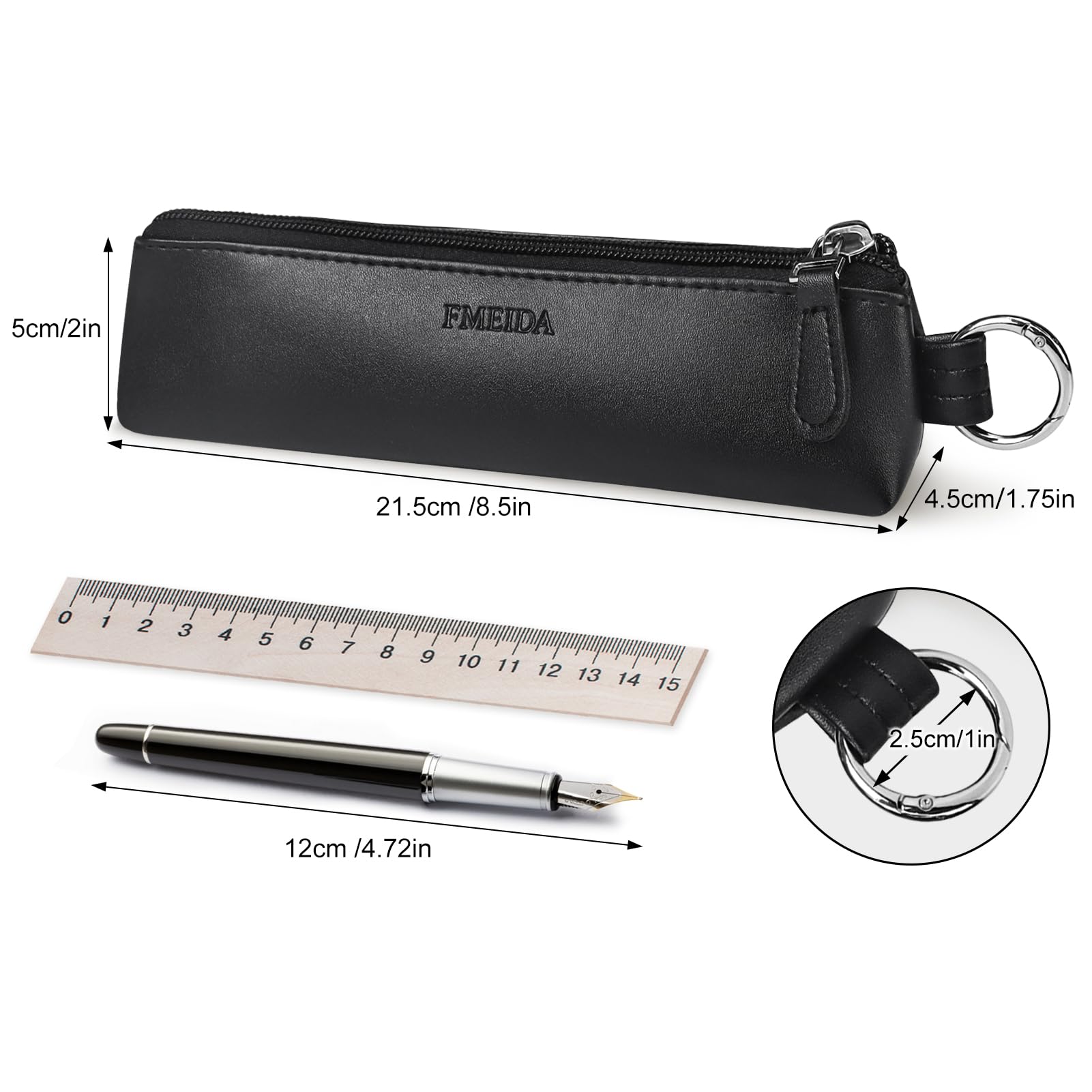 Fmeida Small Pencil Case - Velvet Lined Pencil Pouch PU Leather Pencil Bag Portable Office Stationery Pouches - Black