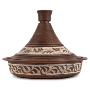 handmade red clay stoneware tajine. engobe décor, cone-shaped closed lid, tagines pots with pre seasoned cast iron diffuser, caribbean one-pot tajine cooking, cookware gift