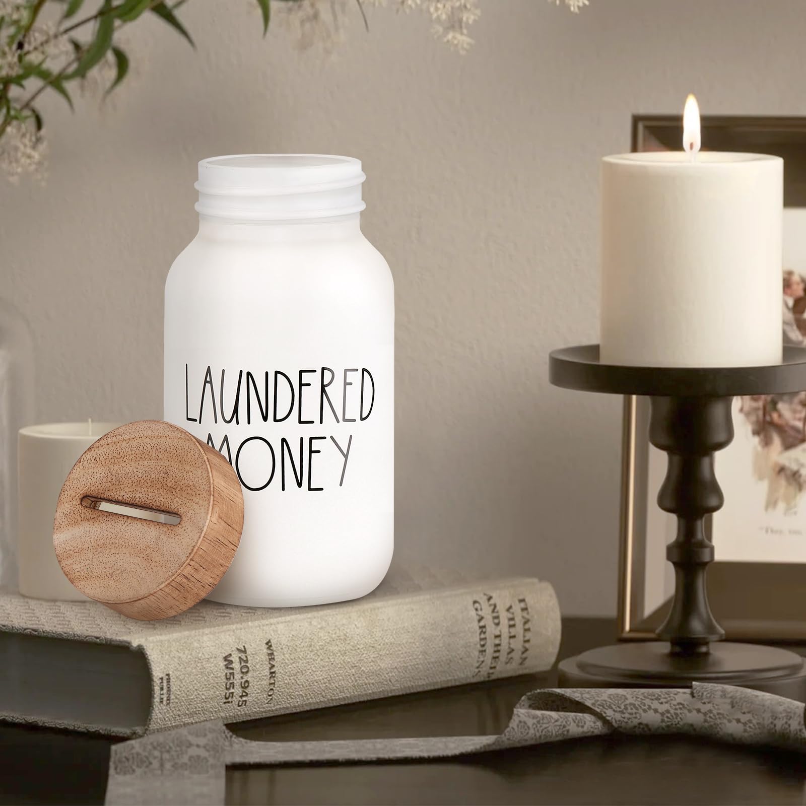 Laundry Room Bank Coin Jar Laundry Room Decor Rustic Country Farmhouse Home Decor Mason Jar with Wooden Top Funny Laundered Money Tip Jar Piggy Bank