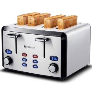 tesslux 4 slice toaster, wide slot bread toaster with 6 shade settings, stainless steel toaster with lcd display, removable crumb tray, cancel/defrost/reheat function, 1400w