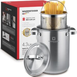 wagensteiger premium stainless steel asparagus steamer pot or spaghetti pasta stovetop cooker with perforated steamer basket, tall & large size, versatile cookware, 3-ply base(4.3liters/1.14gals)