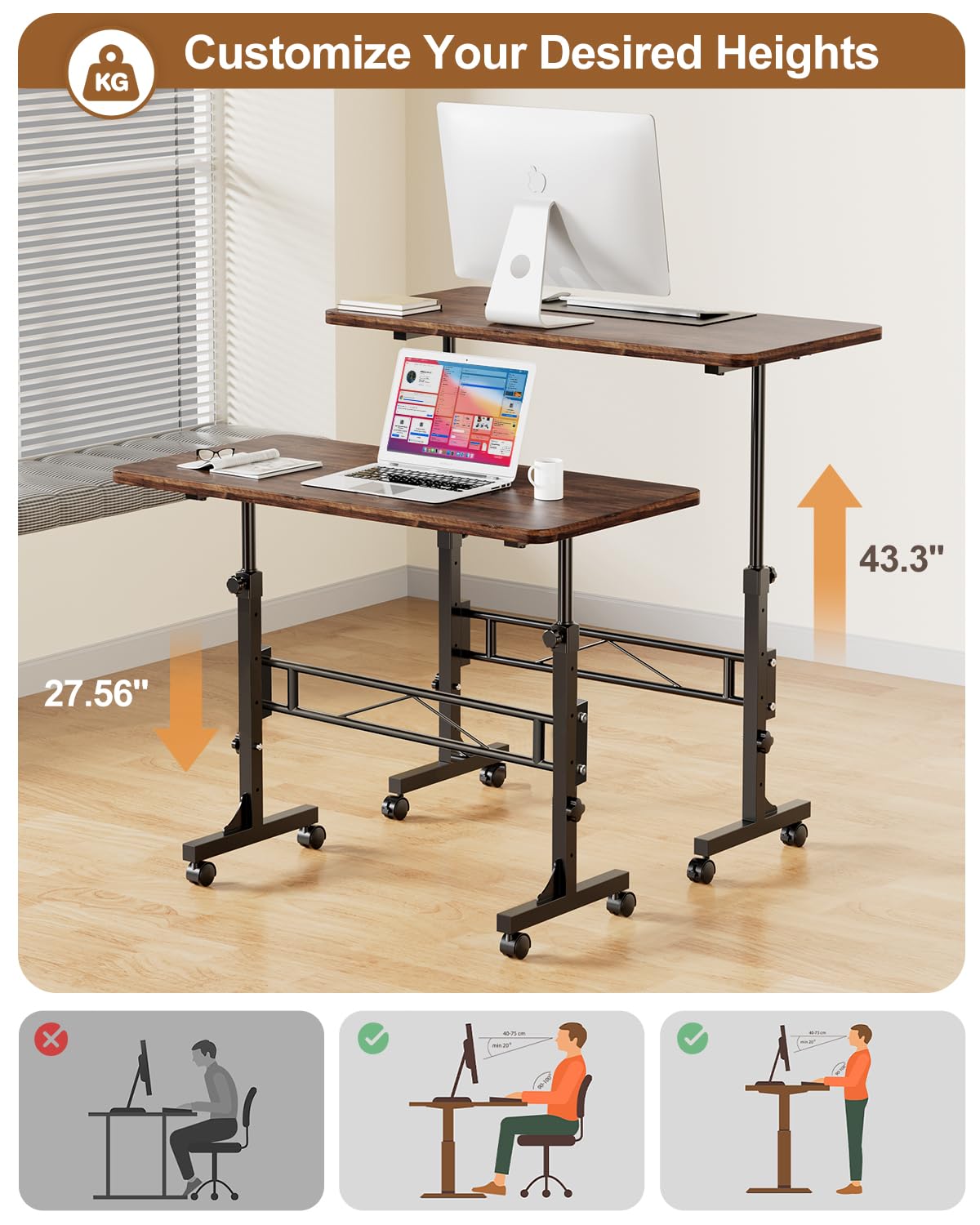 Small Standing Desk Adjustable Height, Mobile Stand Up Desk with Wheels, 32 Inch Portable Rolling Desk Small Computer Desk, Portable Laptop Desk Standing Table Rustic