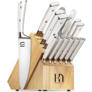 2024 upgraded knife set premium japanese 15 piece high carbon stainless steel kitchen knife block sets with sharpener, razor sharp knives set for kitchen with angled natural wood knife block