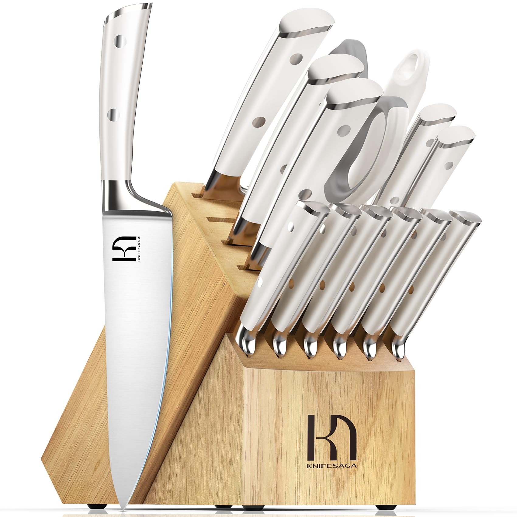 2024 Upgraded Knife Set Premium Japanese 15 Piece High Carbon Stainless Steel Kitchen Knife Block Sets with Sharpener, Razor Sharp Knives Set for Kitchen with Angled Natural Wood Knife Block