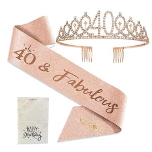 generic 40th birthday sash and tiara set, party supplies for her, decorations, rose gold，40th birthday gifts for women, 5.2inch