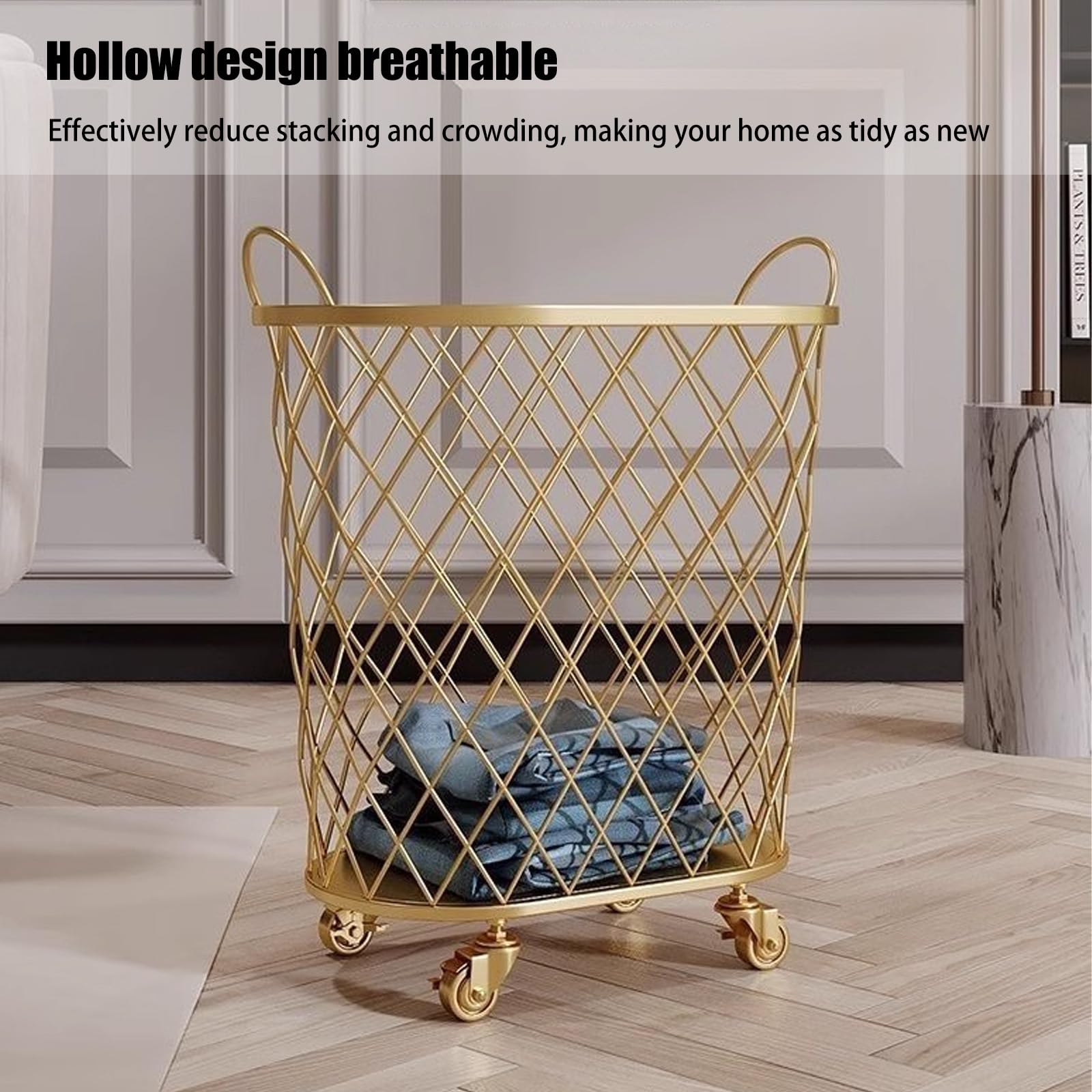 Generic Gold Laundry Hamper, with Rolling Lockable Wheels, Wrought Iron Toy Storage Box Kitchen Storage Basket, for Laundry Room, Bathroom, Dorm, Bedroom