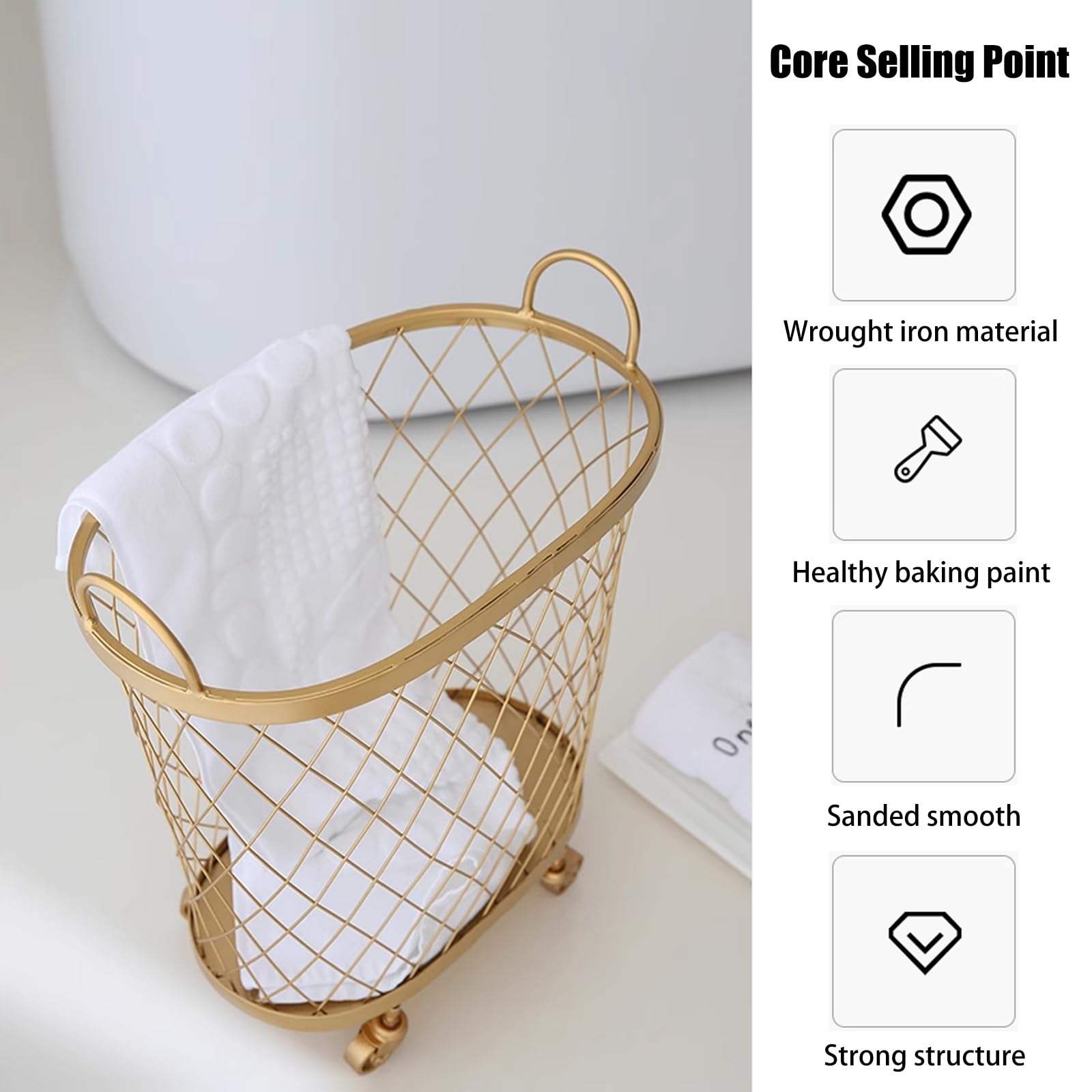 Generic Gold Laundry Hamper, with Rolling Lockable Wheels, Wrought Iron Toy Storage Box Kitchen Storage Basket, for Laundry Room, Bathroom, Dorm, Bedroom