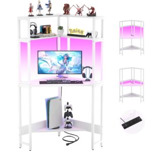 cyclysio mini corner desk with hutch, corner gaming desk with led light, corner computer desk with power outlets, triangle corner desk for small space, home office, workstation, white