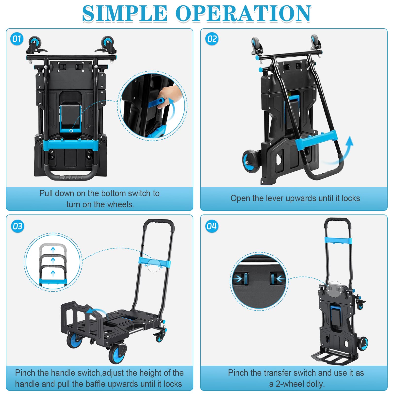 T.chilyn 2 in 1 Hand Truck Dolly Foldable, 330LB Capacity Foldable Dolly, Convertible Hand Truck with 3-Gear Retractable Handle, Heavy Duty Hand Truck for Shopping, Moving, Family, Office