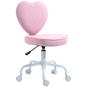 homcom heart love back armless office chair, comfortable desk chair with adjustable height, cute fabric vanity chair with 360 ° swivel wheels, pink